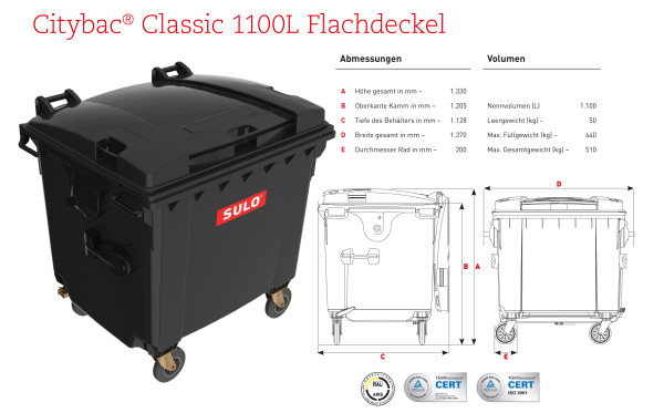 SULO® MGB 1100 Müllcontainer mit Flachdeckel und Deckel-in-Deckel ...